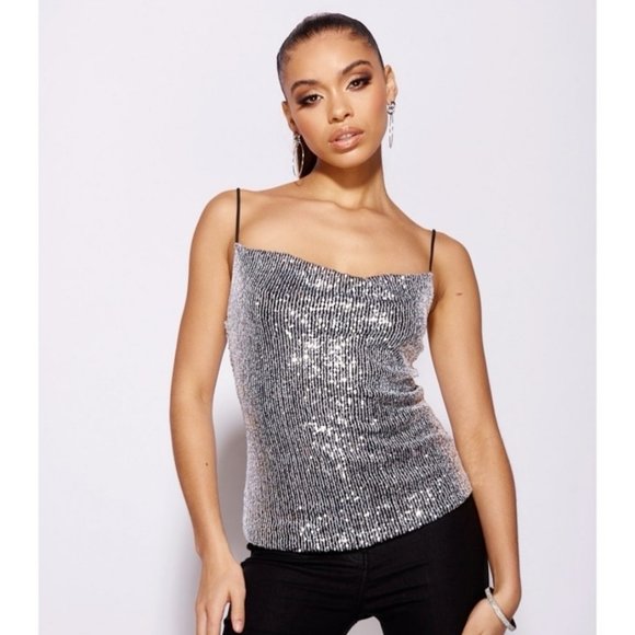 Tops | Silver Sequins Sleeveless Cowl Neck Top Blouse | Poshmark
